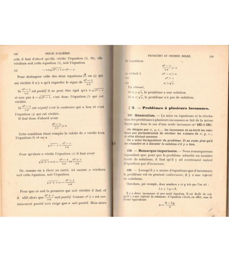 Précis d'algèbre 1907, classes de 3e, 2e et 1ère, Carlo Bourlet, 1907 ...